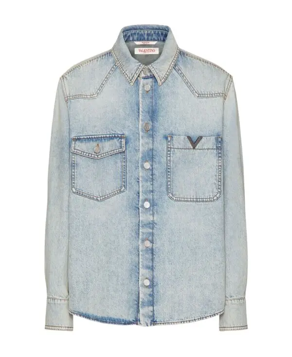Valentino Garavani Logo Plaque Long-sleeved Denim Shirt - Gray