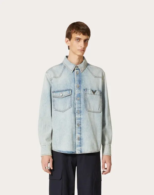 Valentino Garavani Logo Plaque Long-sleeved Denim Shirt - Gray