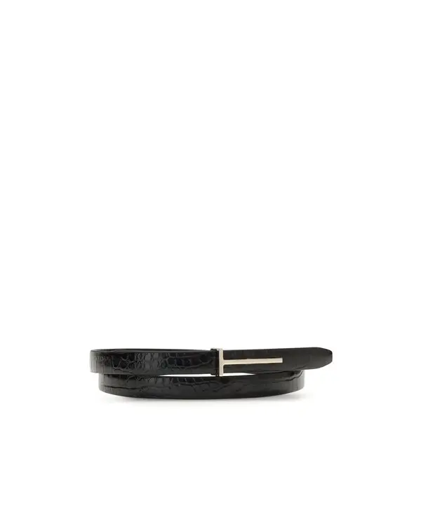TOM FORD Slim T-buckle Belt With Crocodile Embossing - Black