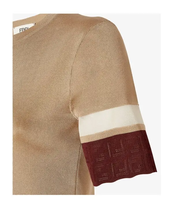 Fendi Dark Beige Viscose Sweater With Ff Crochet Knit Sleeves