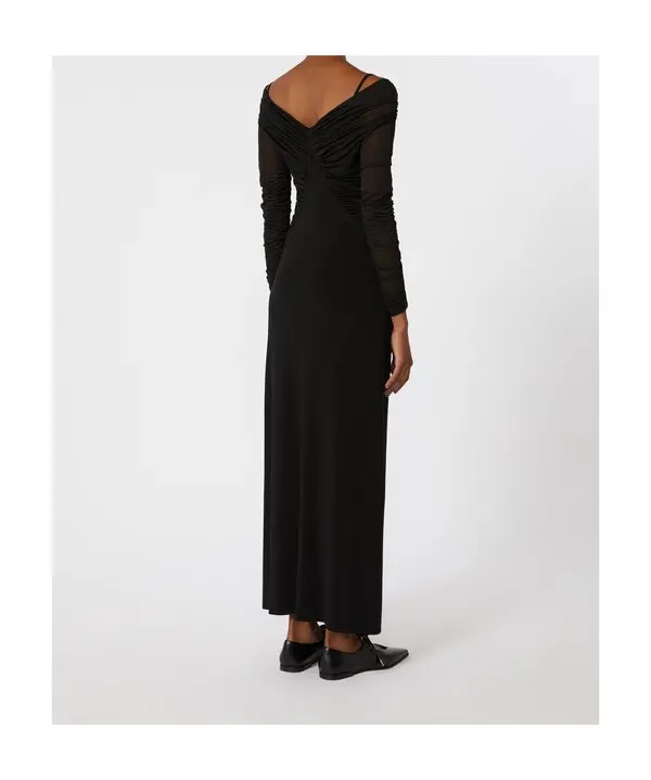Max Mara Long Flowy Jersey Dress With Tulle Sleeve Detail