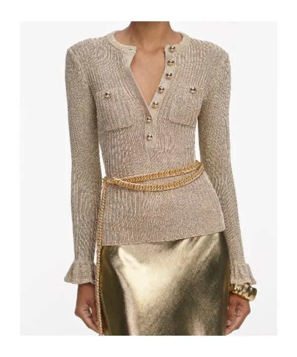 SELF-PORTRAIT Ribbed-knit Lurex Jumper With Ruffled Cuffs And Belt