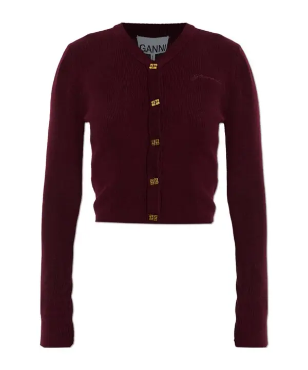 GANNI Ribbed V-neck Cardigan With Button Detail - Brown