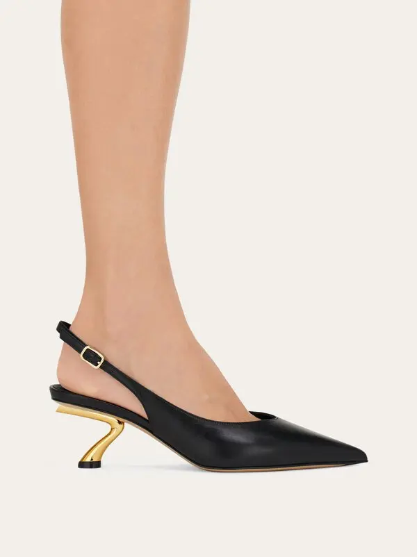 FERRAGAMO Leather Pointed-toe Slingback Pumps With Sculptural Heel - Black
