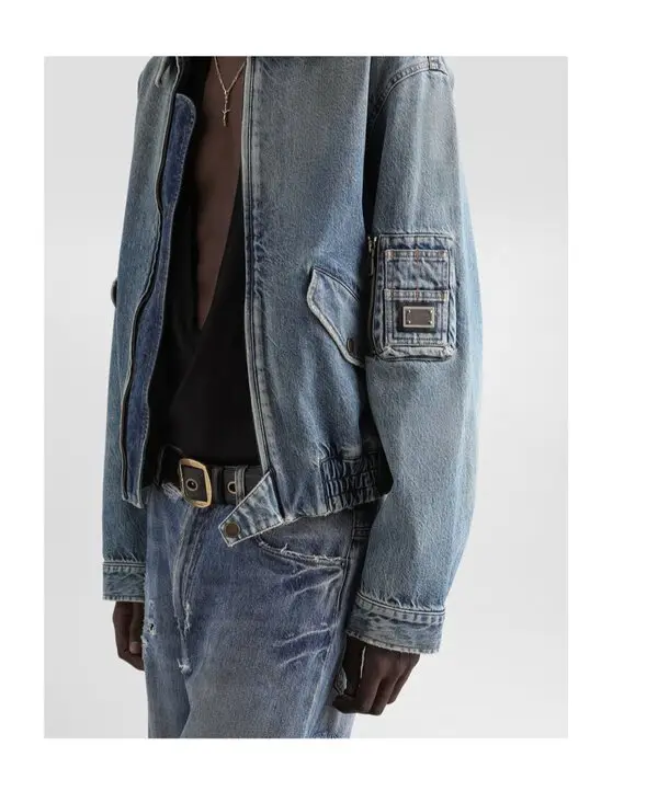 Dolce & Gabbana Logo Tag Zipped Denim Bomber Jacket