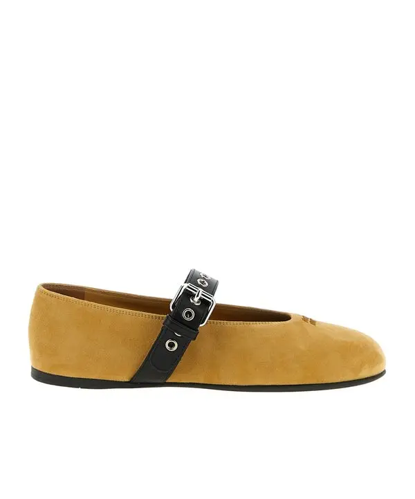 Miu Miu Suede Ballerinas With Embroidered Logo And Buckled Straps - Brown