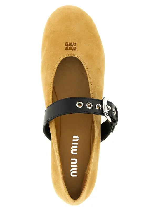 Miu Miu Suede Ballerinas With Embroidered Logo And Buckled Straps - Brown