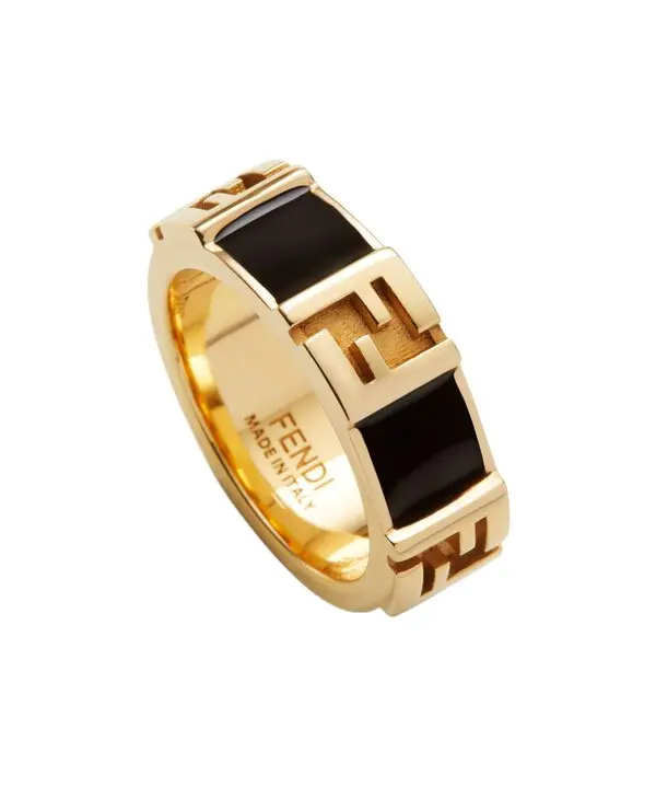 Fendi Gold-tone Metal Ff Embossed Enamel Ring - Black