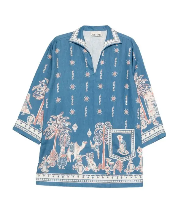 ALEMAIS Collared Graphic-print Mini Dress - Blue