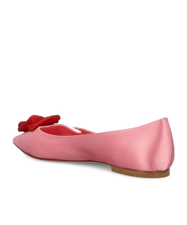 ROGER VIVIER Pointed Toe Satin Ballet Flats With Rose Detailing - Pink