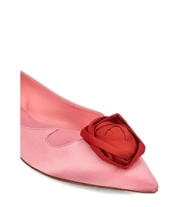ROGER VIVIER Pointed Toe Satin Ballet Flats With Rose Detailing - Pink