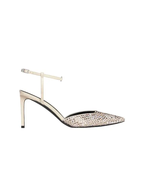Celine Kitten Strap Pumps In Suede Goatskin With Strass Lambskin - Milk