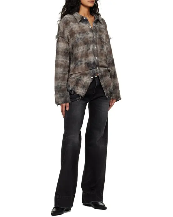 R13 Distressed Fringed Checkered Shirt - Brown