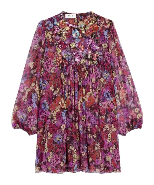 Celine Embroidered Silk Crepon Mini Dress