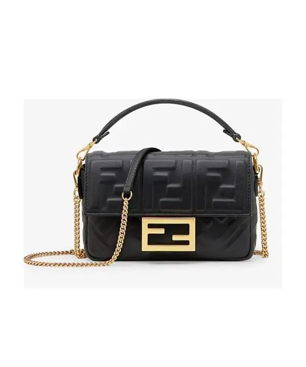 Fendi Leather Embossed Ff Logo Shoulder Bag - Black