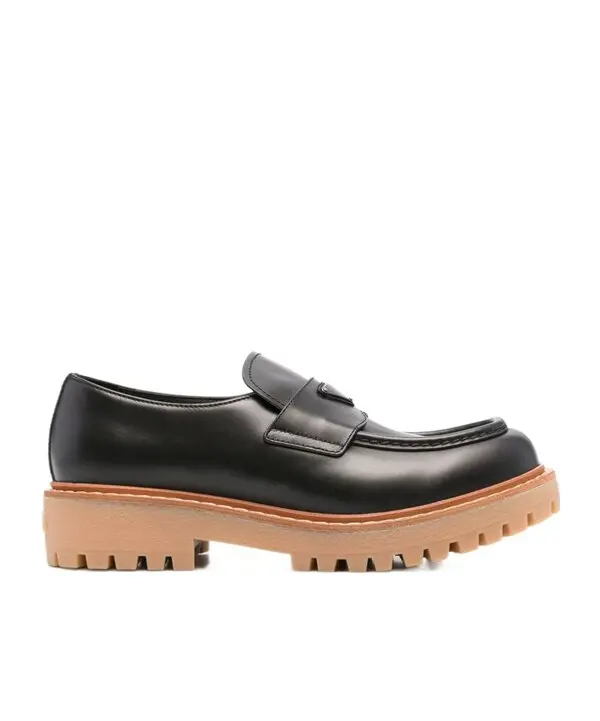 Prada Logo Plaque Round Toe Loafers
