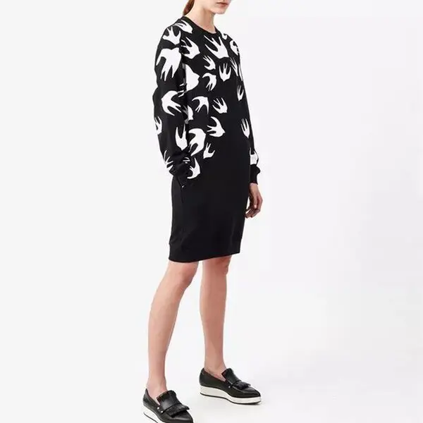 Alexander McQueen Swallow Print Long Sleeve Sweater Dress