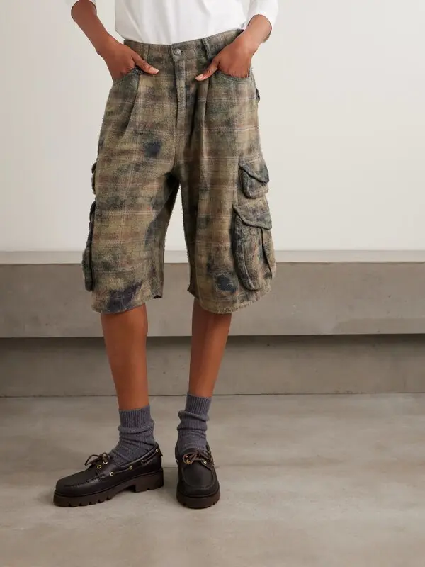 R13 Plaid Distressed Work Shorts