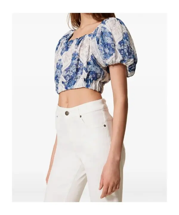 TWINSET Floral Puff-sleeve Cropped Top - White