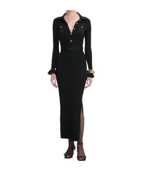 SELF-PORTRAIT Ribbed Knit Maxi Dress With Frill Cuffs And Side Split