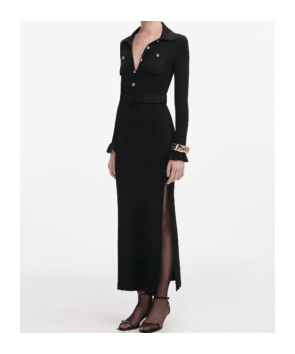 SELF-PORTRAIT Ribbed Knit Maxi Dress With Frill Cuffs And Side Split