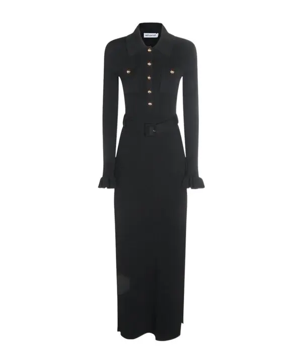 SELF-PORTRAIT Ribbed Maxi Dress With Frill Trim Cuffs And Front Button Closure - Black