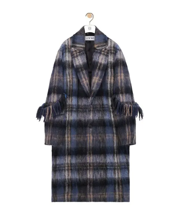 Loewe Relaxed Fit Checked Coat With Fringe Detail - Blue/multicolor