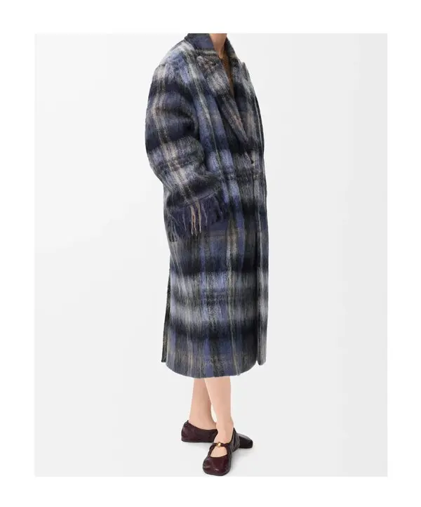 Loewe Relaxed Fit Checked Coat With Fringe Detail - Blue/multicolor