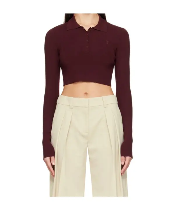 THE FRANKIE SHOP Giselle Cropped Knit Polo - Burgundy