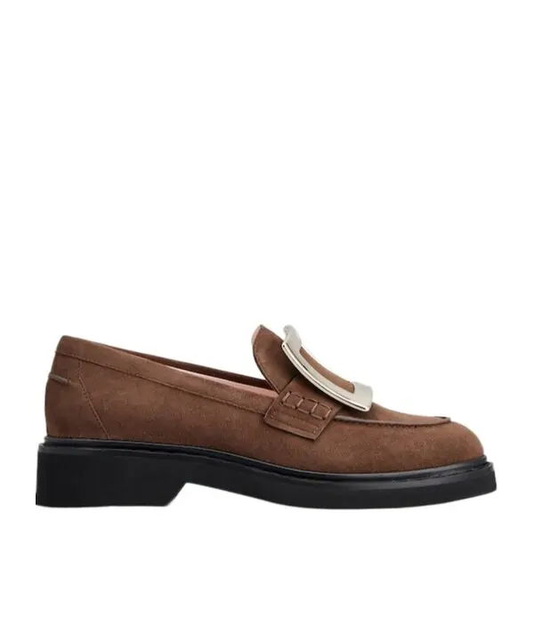 ROGER VIVIER Suede Loafers With Metal Buckle - Brown