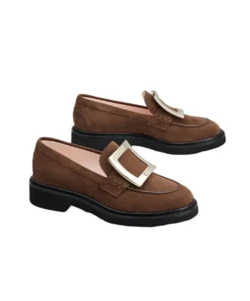 ROGER VIVIER Suede Loafers With Metal Buckle - Brown