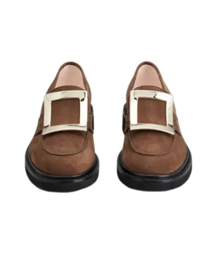 ROGER VIVIER Suede Loafers With Metal Buckle - Brown