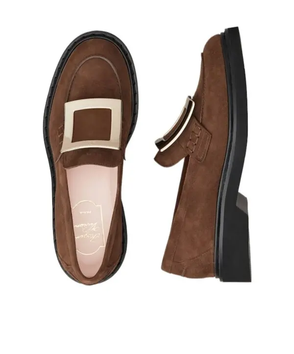 ROGER VIVIER Suede Loafers With Metal Buckle - Brown