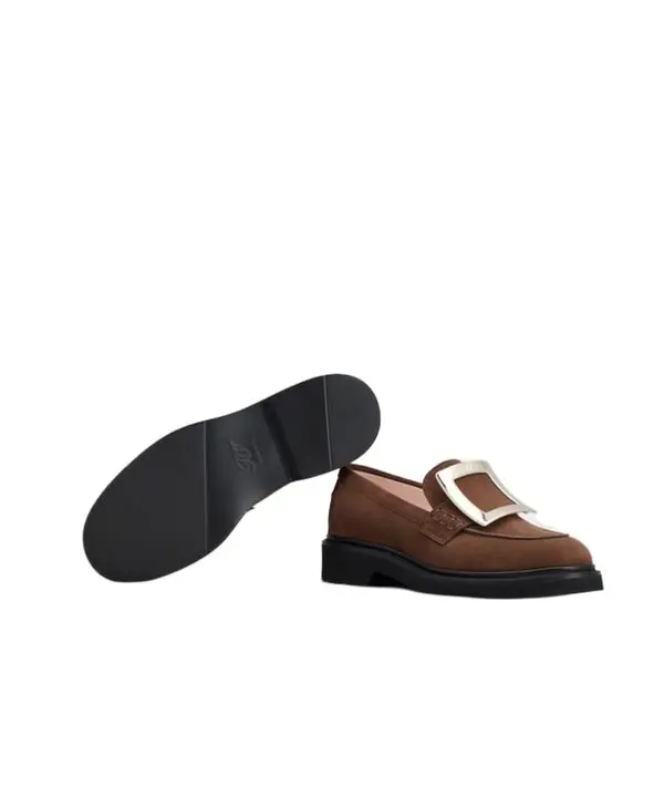ROGER VIVIER Suede Loafers With Metal Buckle - Brown
