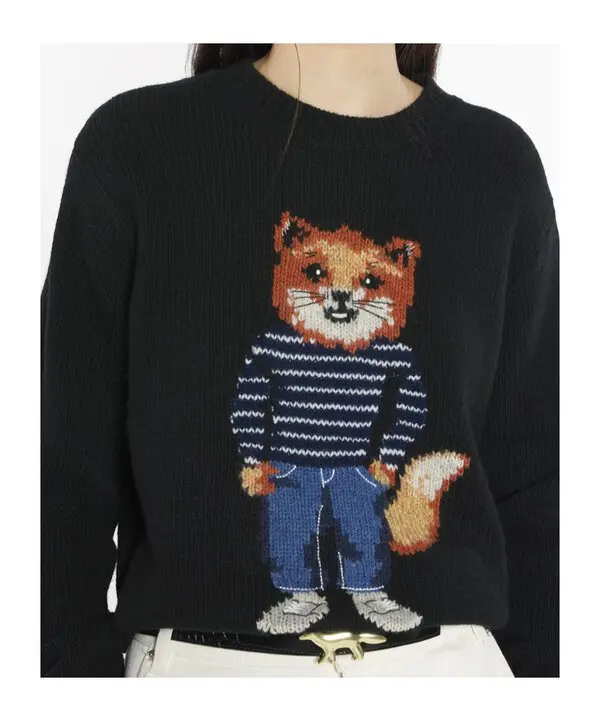 Maison Kitsuné Dressed Fox Intarsia Crew Neck Jumper - Black