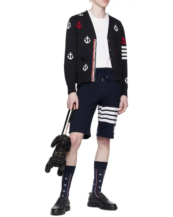 Thom Browne 4-bar Anchor Intarsia V-neck Cardigan