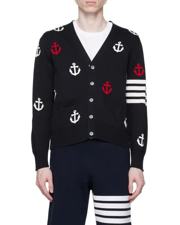 Thom Browne 4-bar Anchor Intarsia V-neck Cardigan