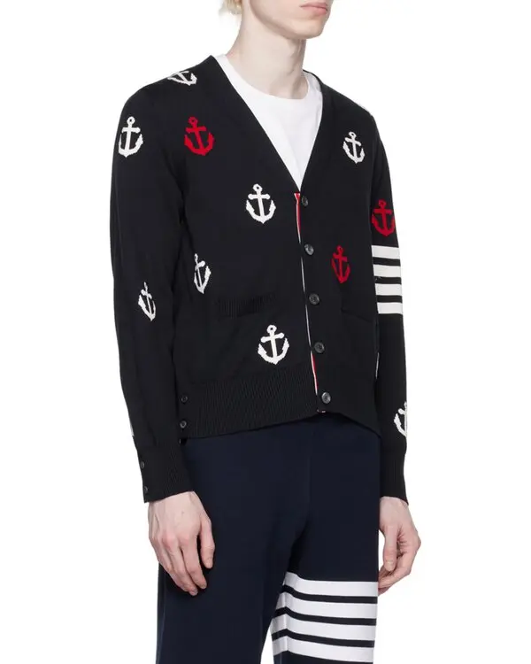 Thom Browne 4-bar Anchor Intarsia V-neck Cardigan