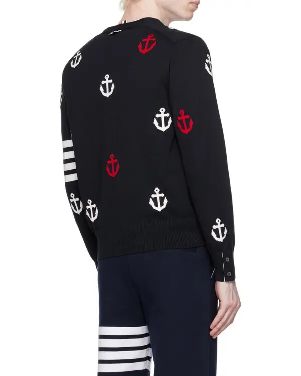 Thom Browne 4-bar Anchor Intarsia V-neck Cardigan