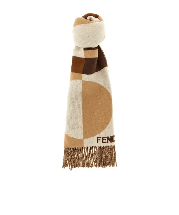 Fendi Geometric Pattern Fringed Knit Scarf - Brown