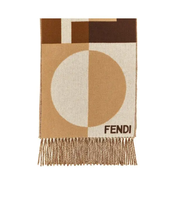 Fendi Geometric Pattern Fringed Knit Scarf