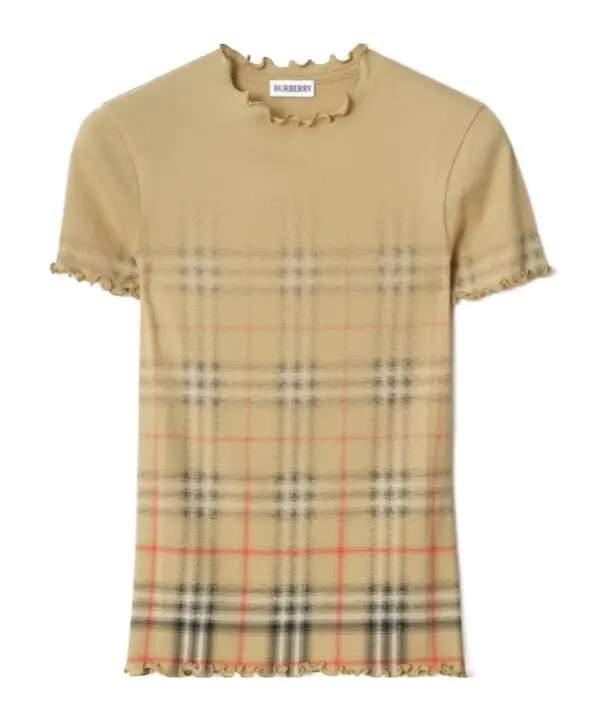Burberry Letty Check Knit Top With Ruffle Trim - Sand Beige