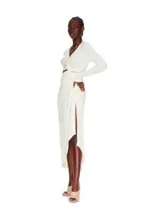 Off-White Ruched V-neck Long Sleeve Dress - White