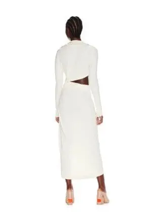 Off-White Ruched V-neck Long Sleeve Dress - White