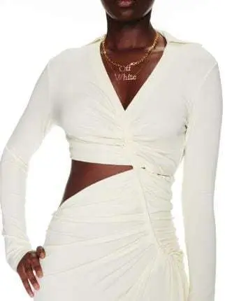 Off-White Ruched V-neck Long Sleeve Dress - White