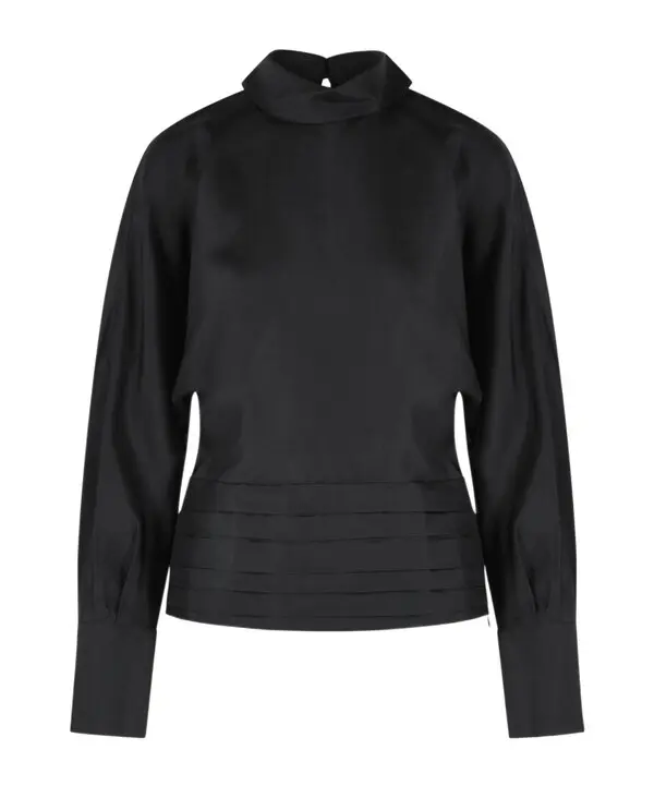 RÓHE Mock-neck Pleated Tuxedo Blouse - Black