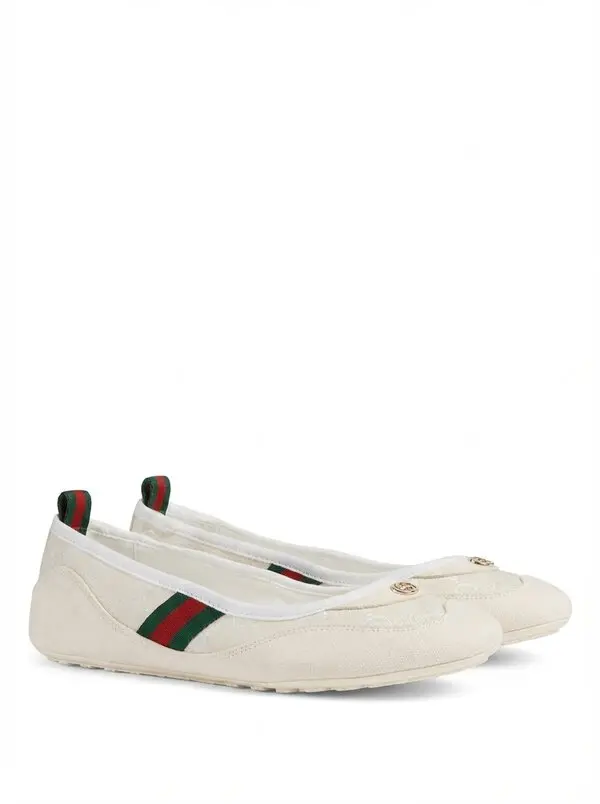Gucci Jacquard Canvas Ballerina Flats With Suede Trim - White