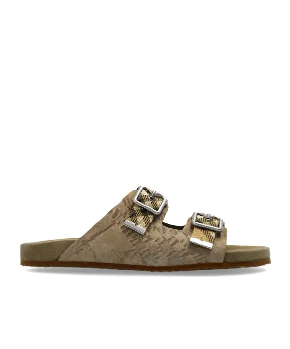 Burberry Checked Buckled Slides - Brown