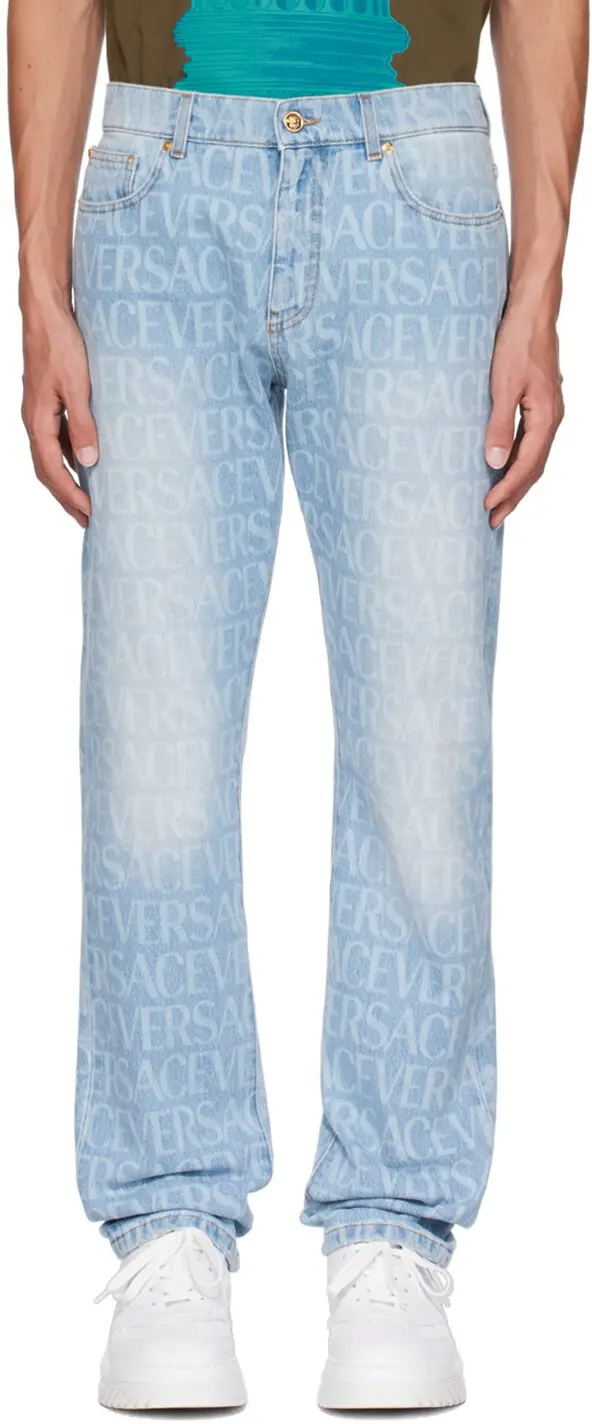 Versace Logo Print Straight Leg Jeans