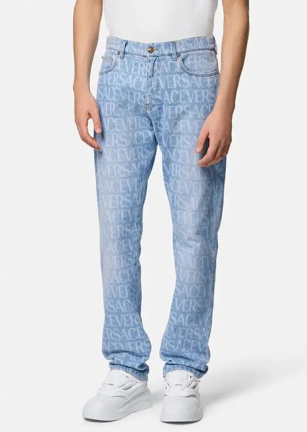 Versace Logo Print Straight Leg Jeans